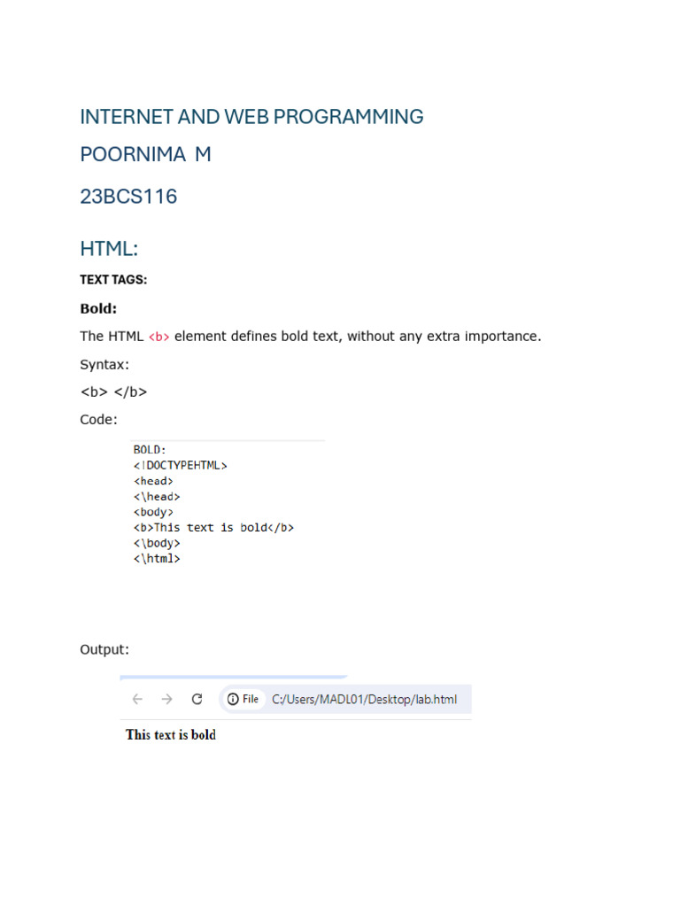 Poornima M 23BCS116: Internet and Web Programming | PDF | Html Element | Html