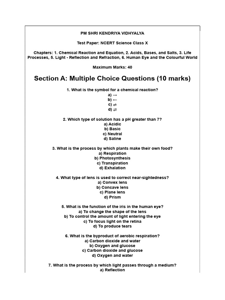 PM Shri Sample Paper Easy | PDF | Eye | Human Eye