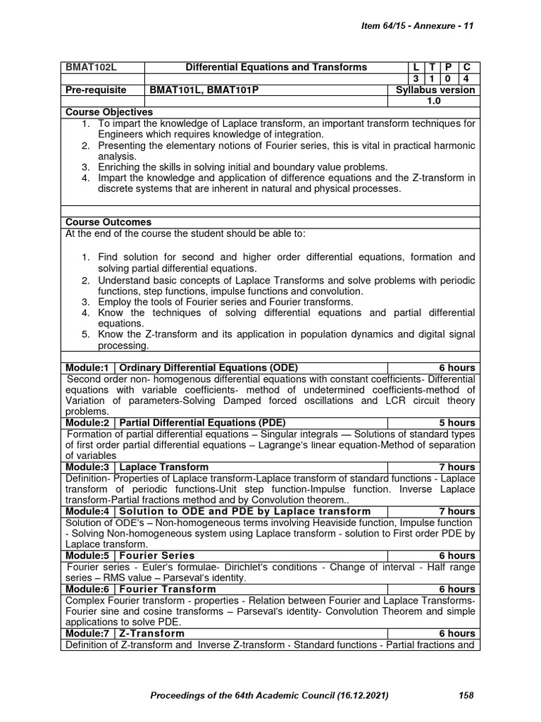 Differential Equations & Transforms Course | PDF | Partial Differential ...