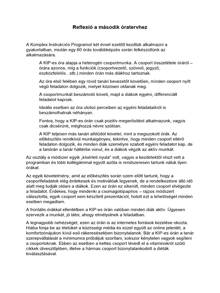 Óraterv Reflexió | PDF