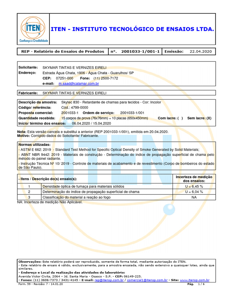 CertIficado Skytec 830 - Retardante de Chama para Tecidos - SKYMAR (E ...