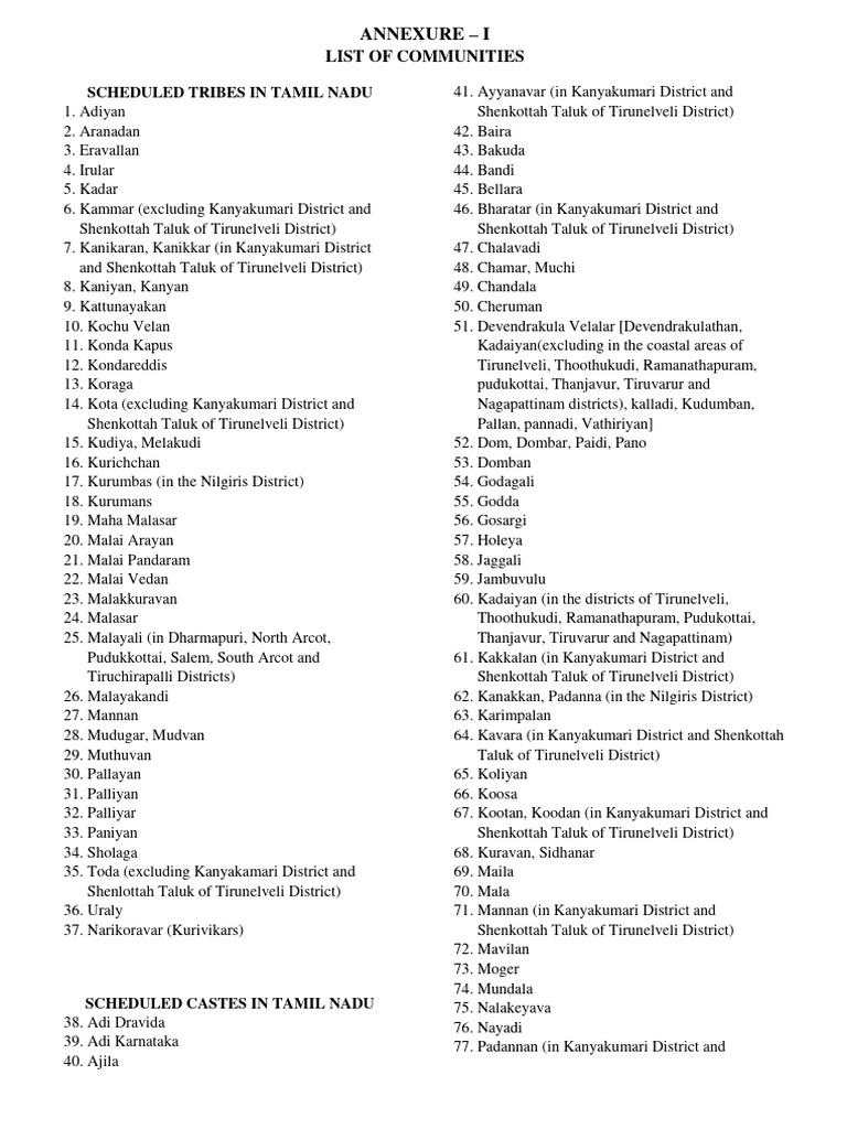 Community List | PDF | Tamil Nadu | South India