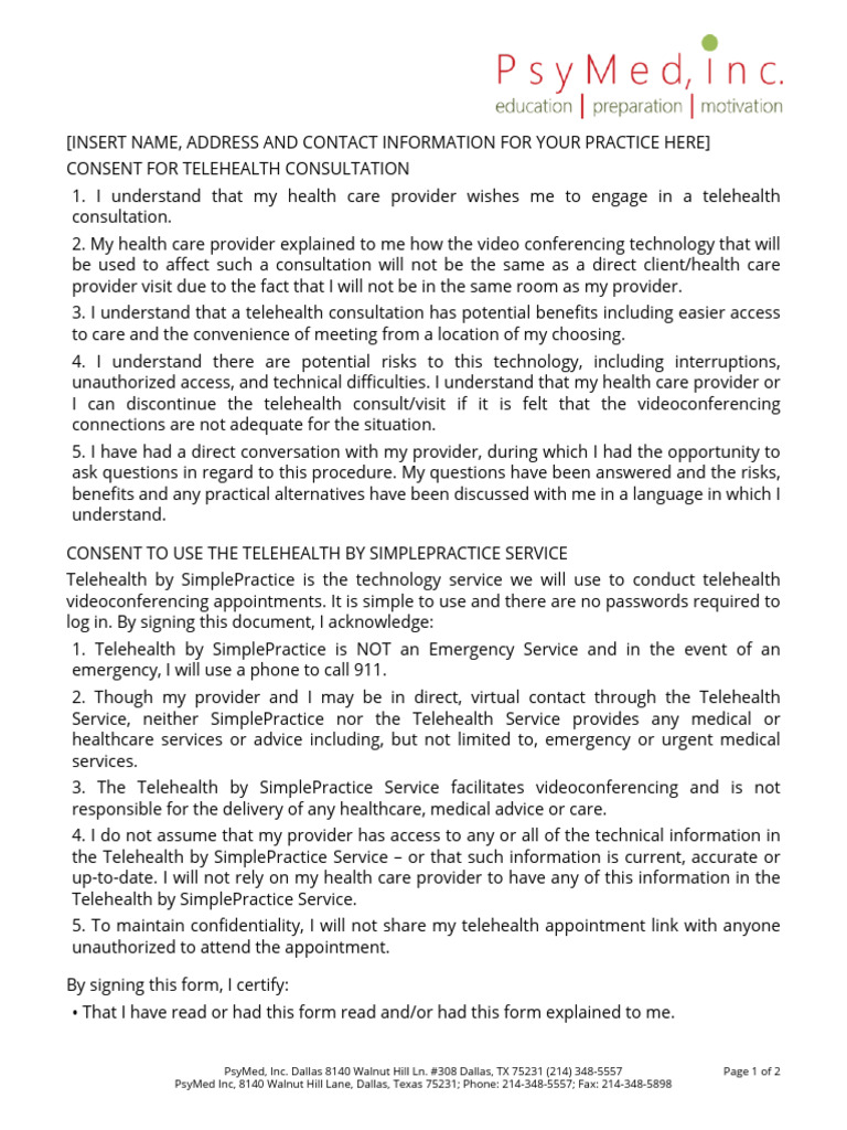 Telehealth Consultation Consent Form | PDF | Public Services | Health Care