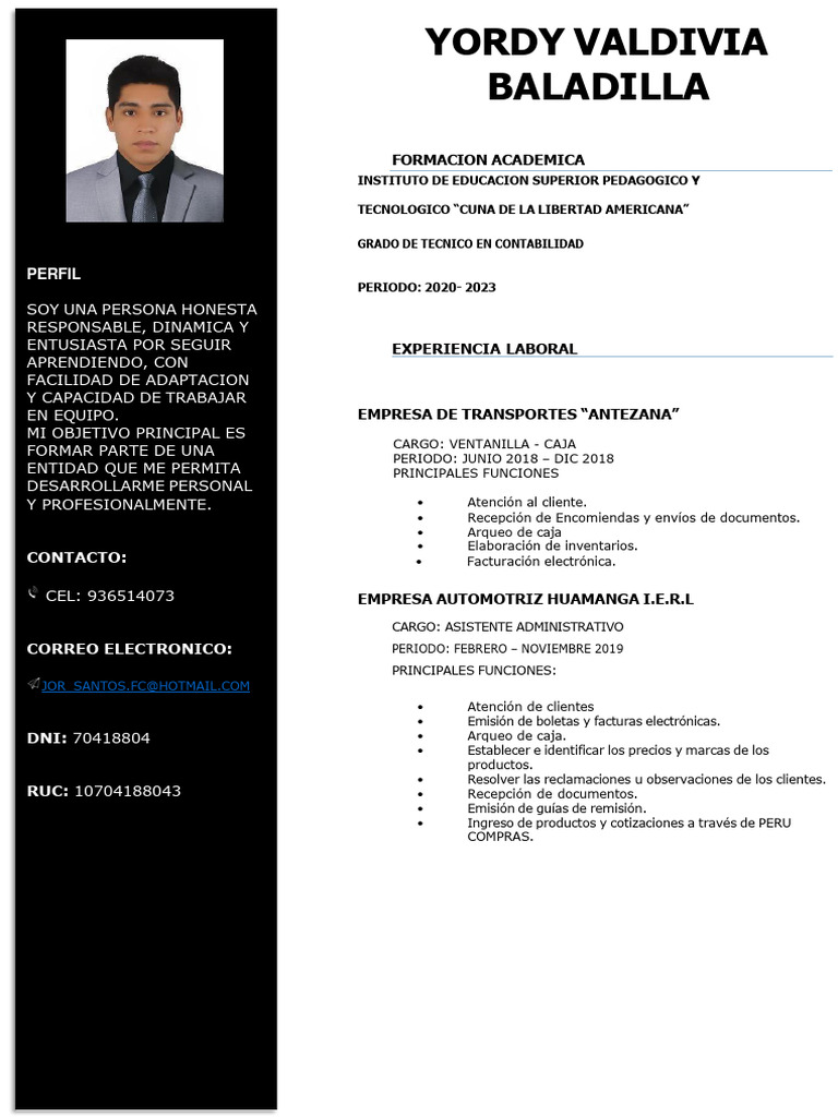CV Yordy Valdivia B | PDF | Documento de identidad