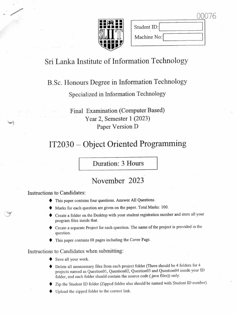 IT2030 - Object Oriented Programming-Version D | PDF | Method (Computer Programming ...