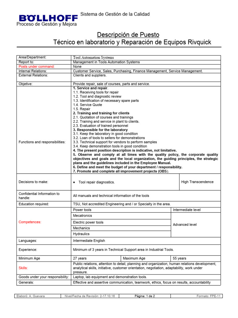 AAAI Descripci - N de Puesto Ing en Laboratorio y Reparaci - N de Equipos - JL | PDF | Business