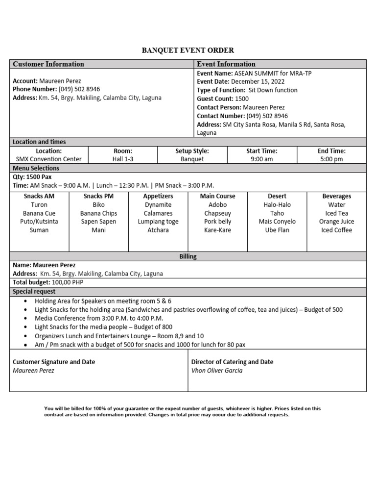 Banquet Event Order Day 1 | PDF | Cuisine | Foods