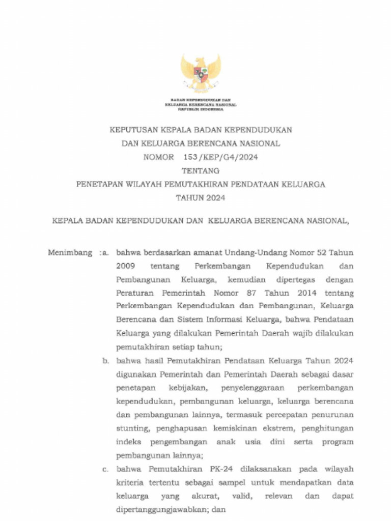 153.KEP.G4.2024 Tentang Penetapan Wilayah Pemutakhiran Pendataan Keluarga Tahun 2024 | PDF