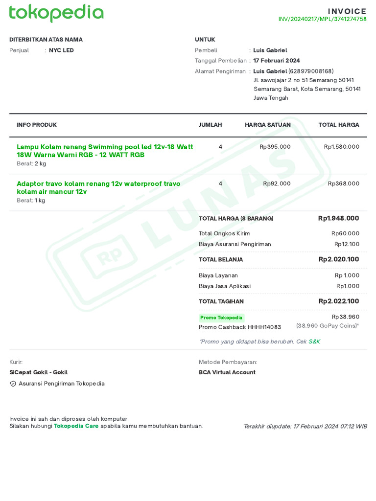 Invoice led & trafo kolam renang mas eko | PDF