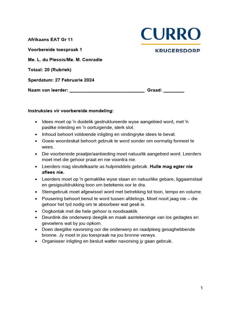 Graad 11 EAT Voorbereide Toespraak 2024 | PDF