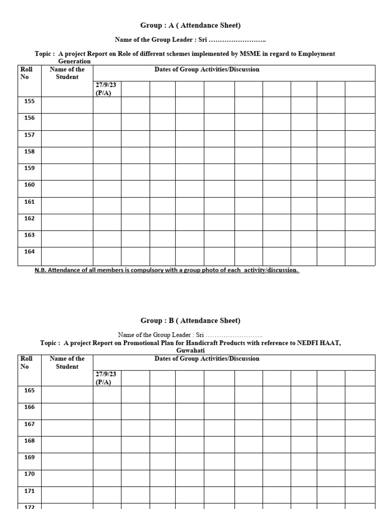 Group Attendance Sheets for Projects | PDF