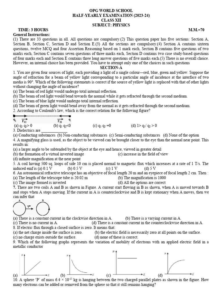 Class XII Physics HYE 2023-24 | PDF | Dielectric | Magnetic Field
