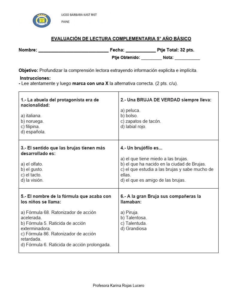 Evaluación Lectura Complementaria 5° Básico Las Brujas | PDF