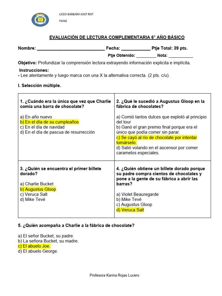 Evaluación Lectura complementaria 6° básico, Charlie y la fabrica de chocolate | PDF