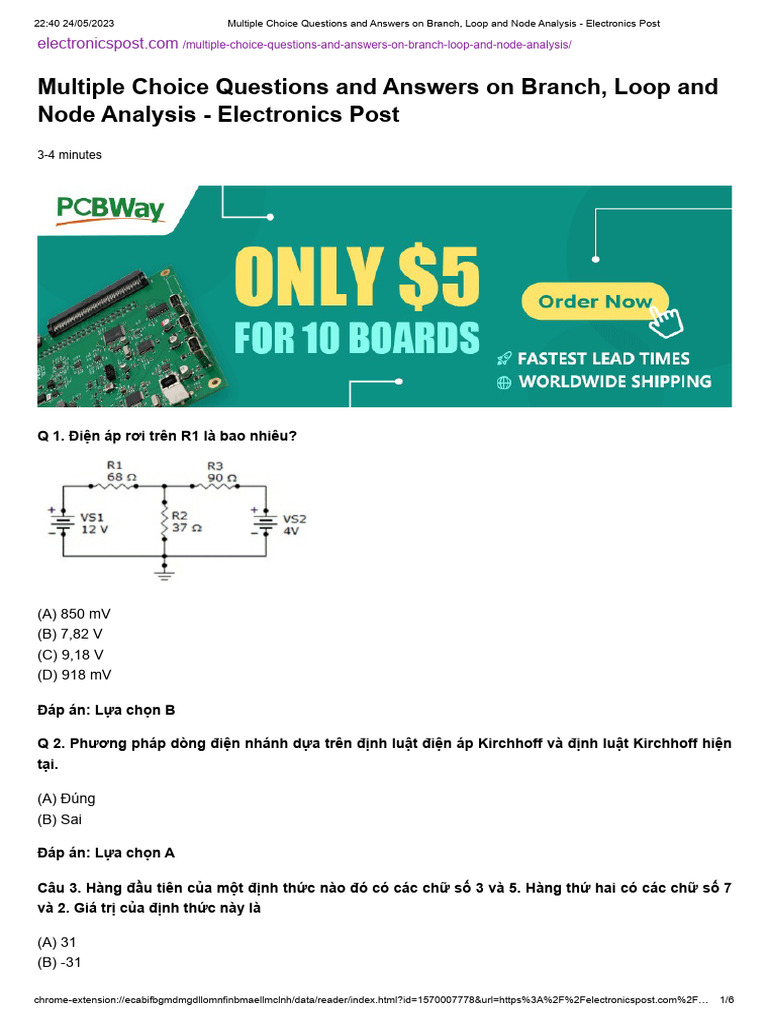 Multiple Choice Questions and Answers On Branch, Loop and Node Analysis - Electronics Post ...