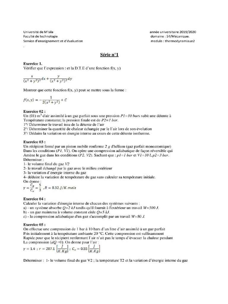 TD1+Solution Thermodynamique 2 | PDF