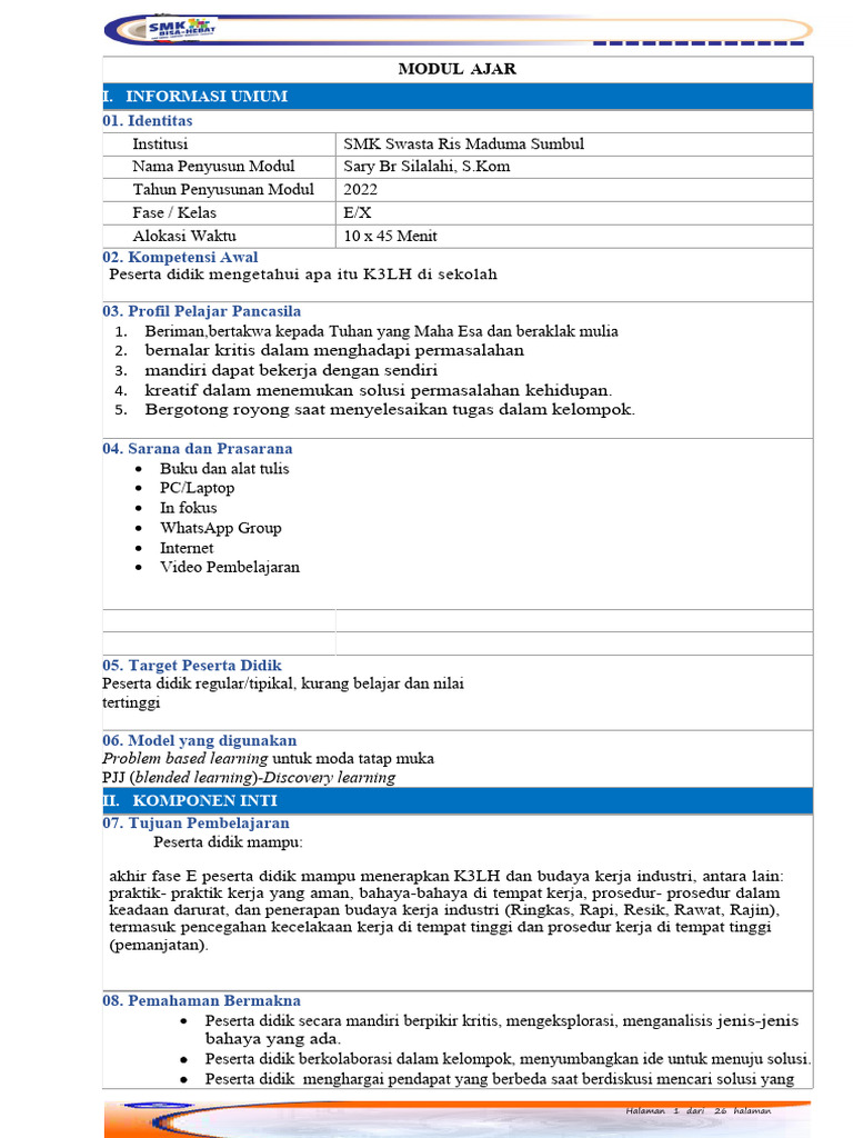 MODUL AJAR K3LH 2023 Sary Silalahi Kelas X | PDF