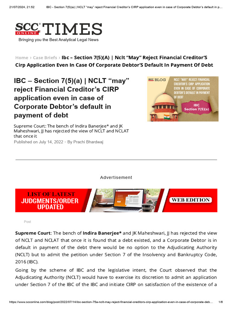 IBC - Section 7 (5) (A) - NCLT "May" Reject Financial Creditor's CIRP Application Even in Case ...