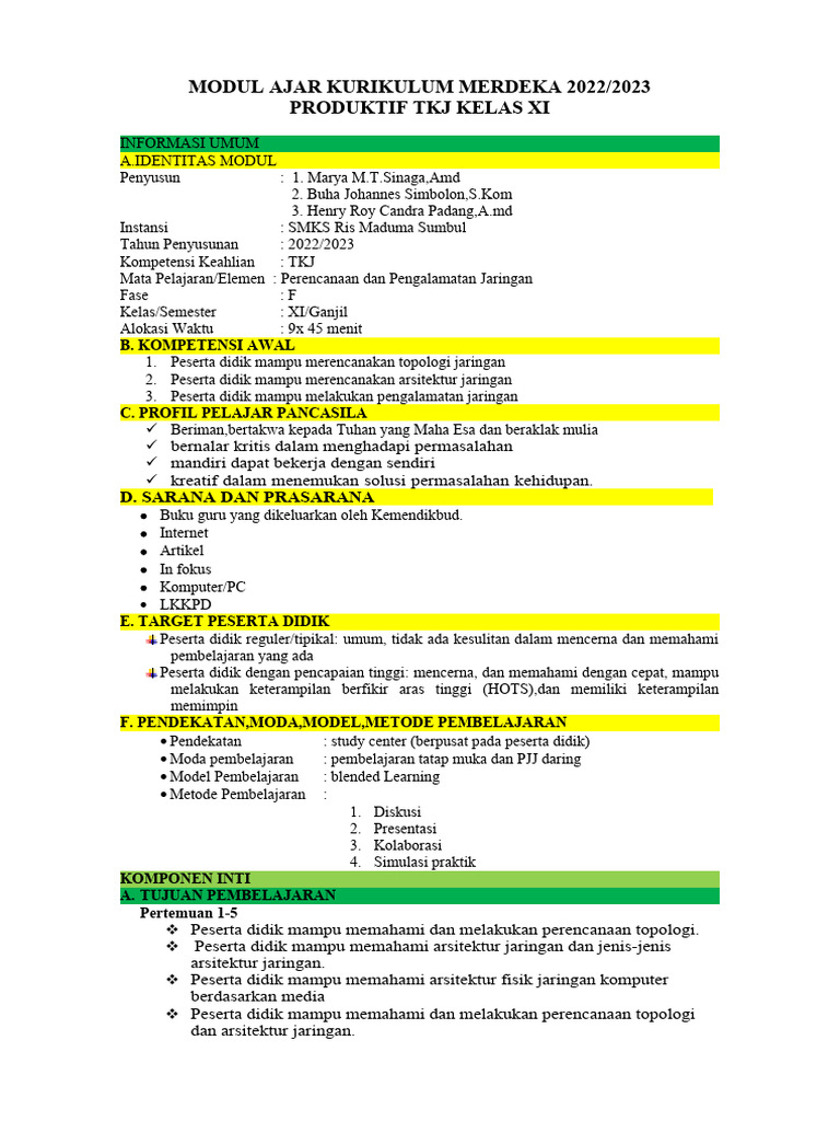 Modul Ajar TKJ Kelas XI 2022/2023 | PDF