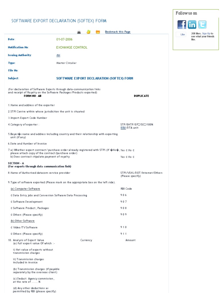 Software Export Declaration (Softex) Form Exchange Control | PDF