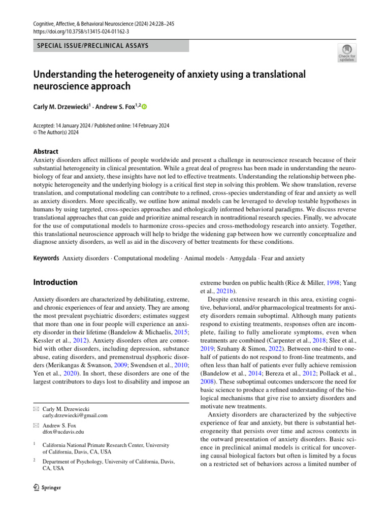 Understanding The Heterogeneity of Anxiety Using A Translational Neuroscience Approach | PDF ...