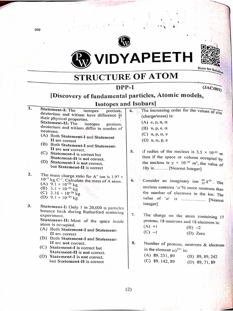 11th JEE DPP of Atomic Structure | PDF