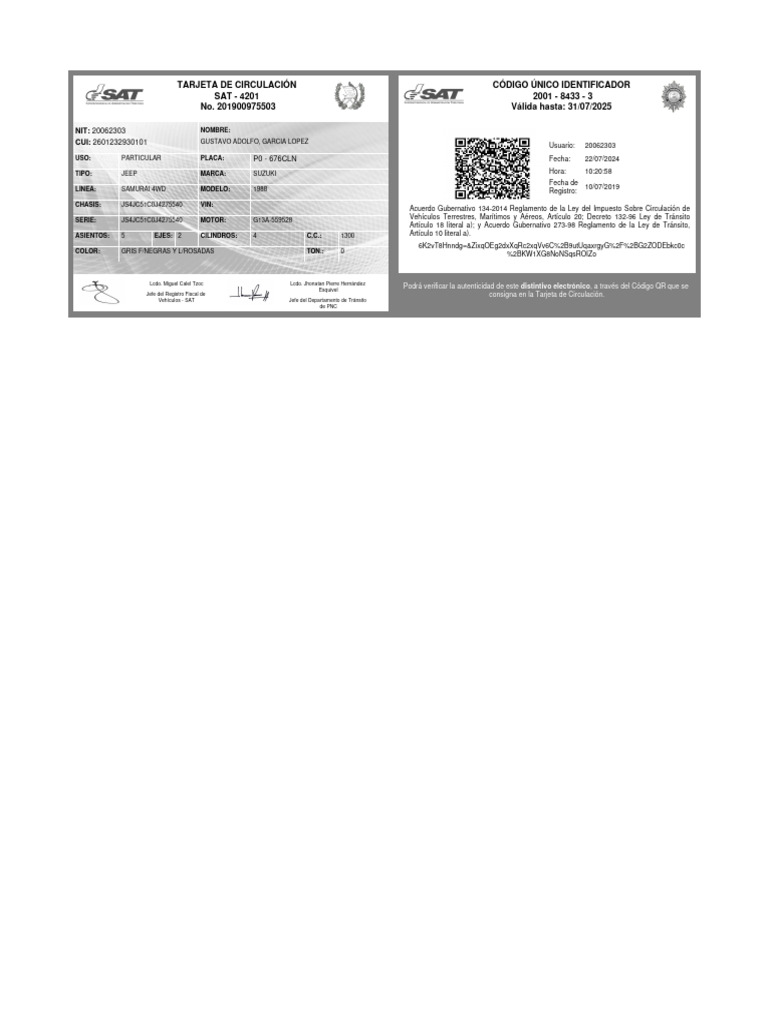 Tarjeta - Circulacion - Electronica - 2024-07-22T102121.663 | PDF | Estilos de carrocería | Coche