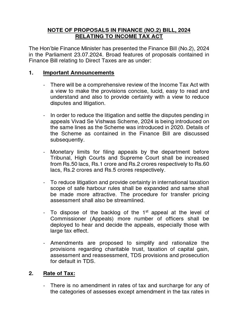 Note On Finance (No.2) Bill, 2024. | PDF | Capital Gain | Taxes