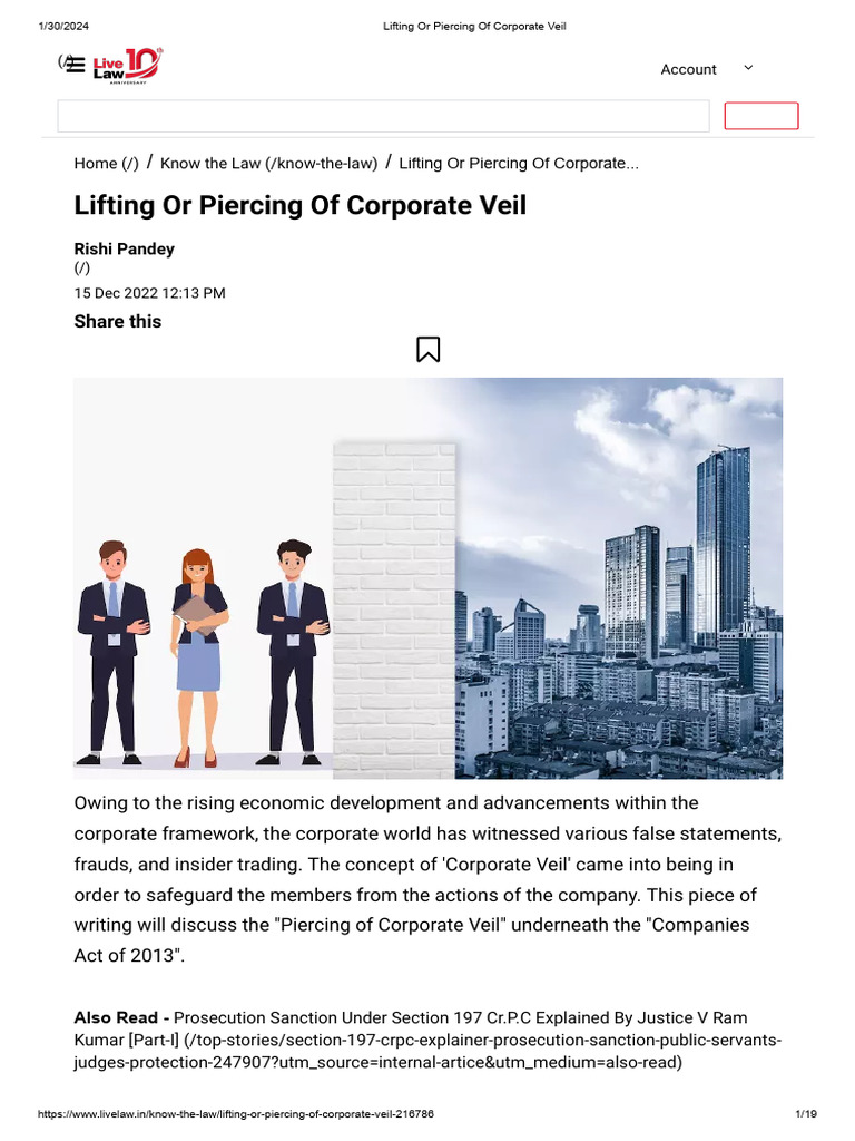 Lifting or Piercing of Corporate Veil | PDF | Piercing The Corporate ...