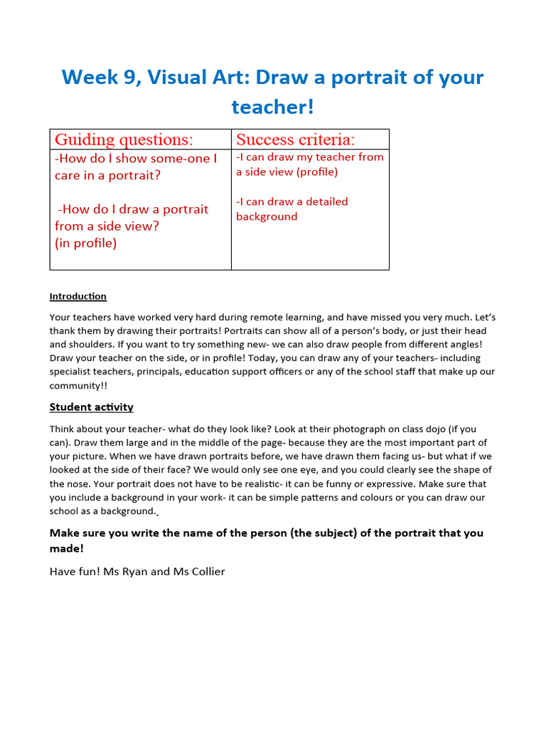 Week 9, Visual Art: Draw A Portrait of Your Teacher!: Guiding Questions ...