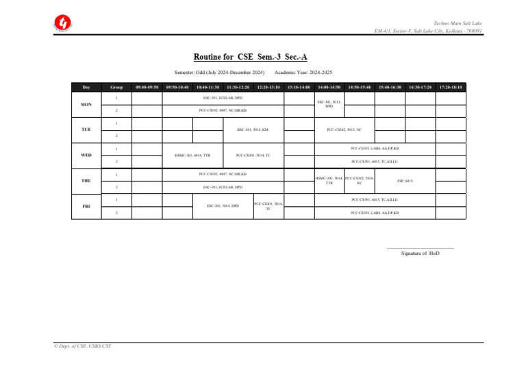 CSE Sem 3 Sec A Timetable 2024 | PDF