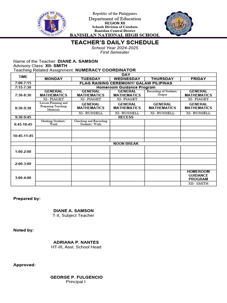 Teachers Daily Schedule 1st Sem | PDF | Educational Organizations ...