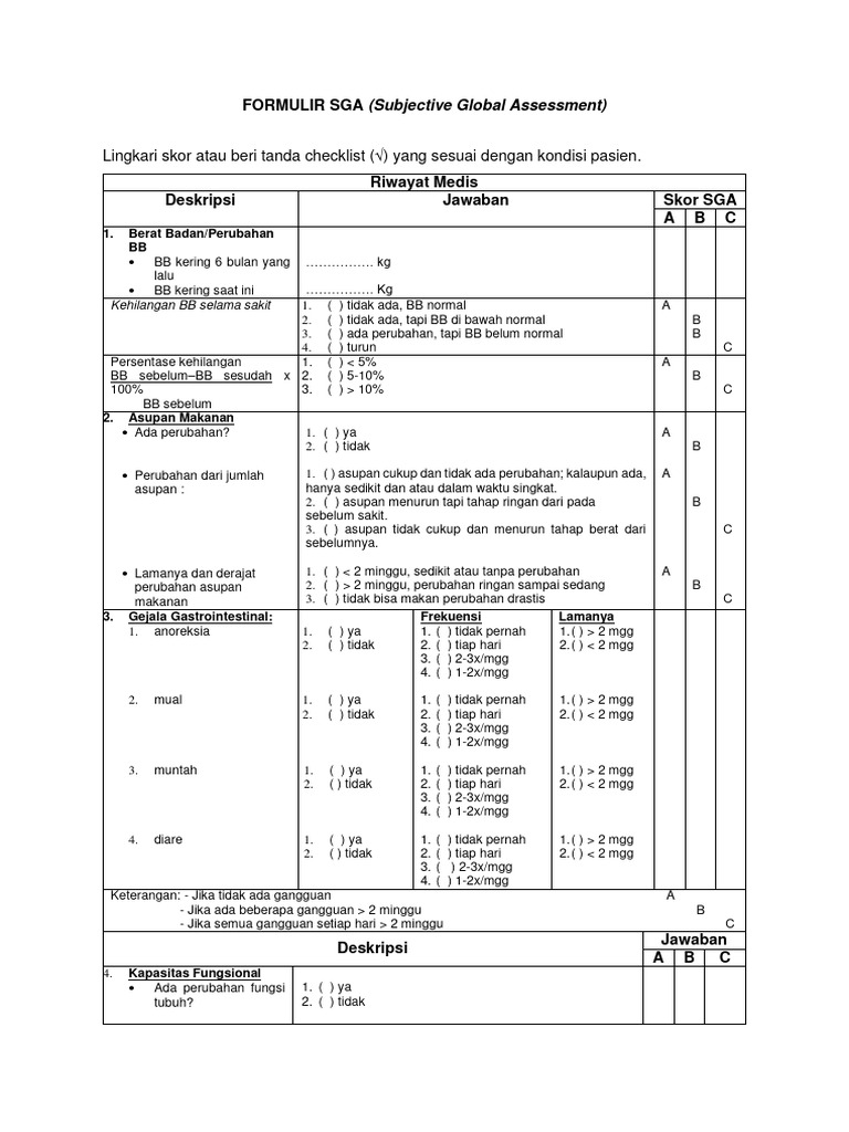 Skrining Tool Subjective Global Assessment (SGA) | PDF