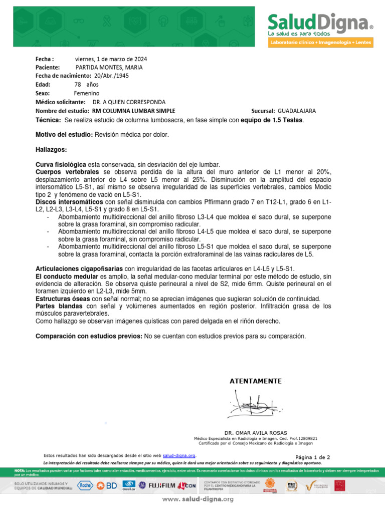 Resultados SaludDigna | PDF | Radiología | Sistema musculoesquelético