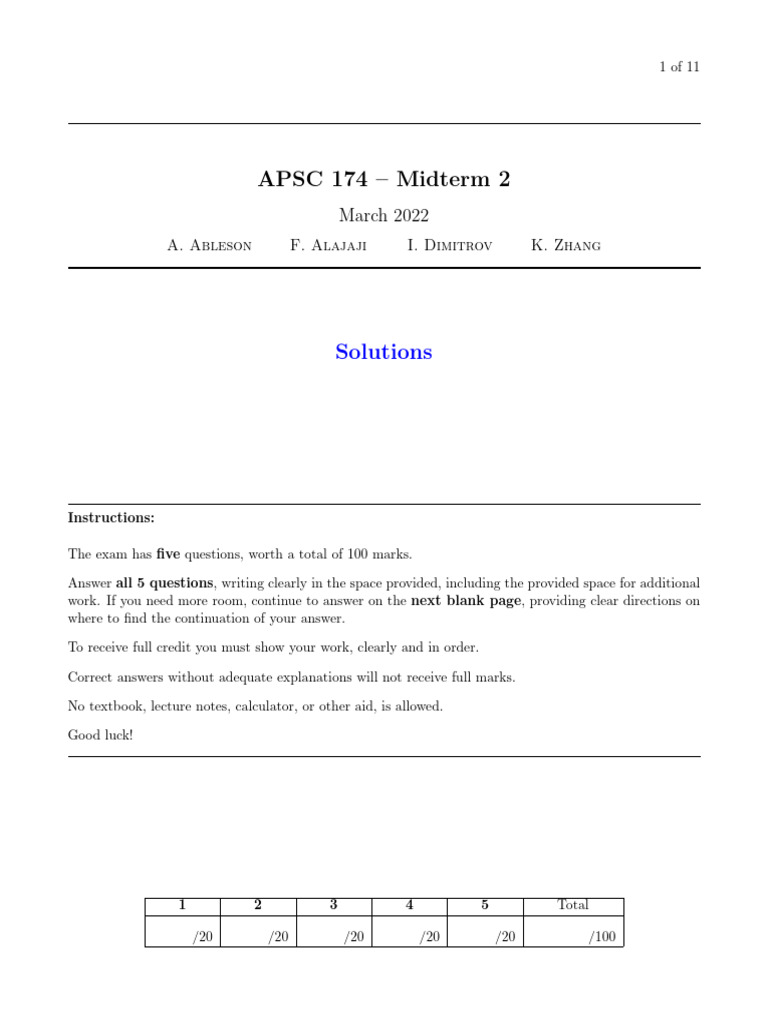 APSC 174 Midterm 2 - 2022 - Solutions | PDF | Vector Space | Functions And Mappings