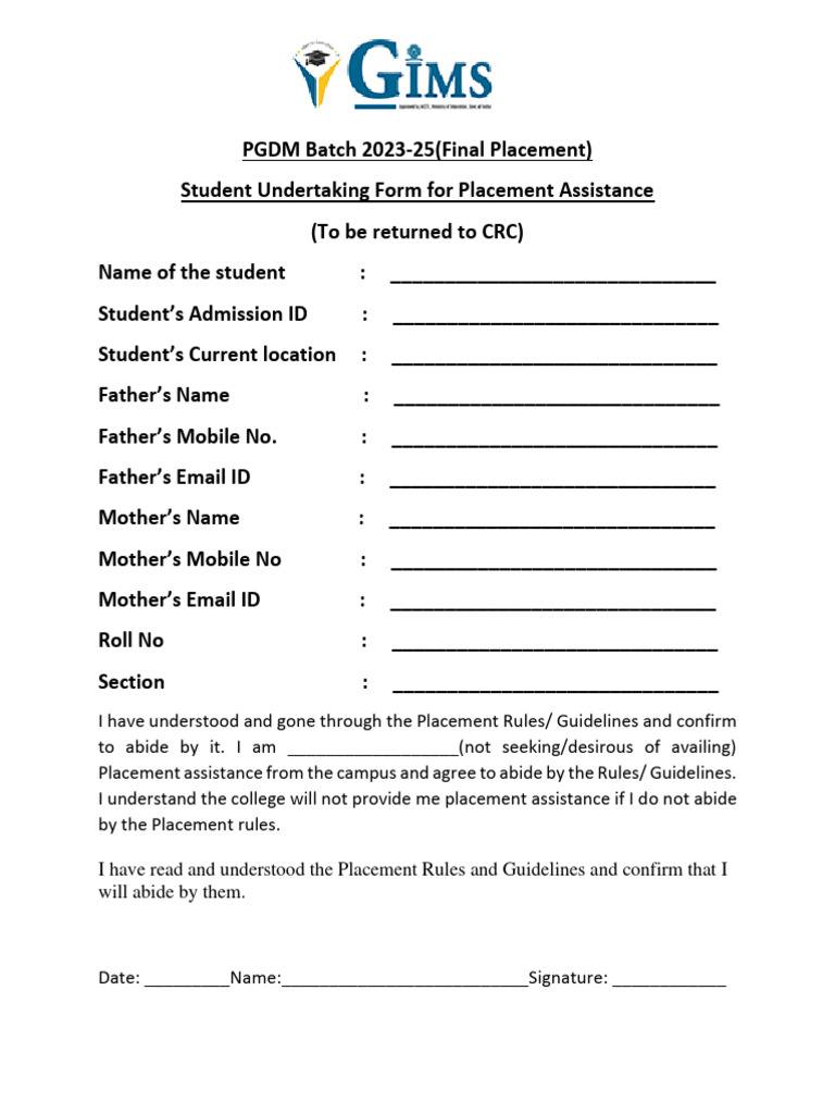 PGDM 2023-25 Placement Assistance Form | PDF | Career & Growth | Social ...