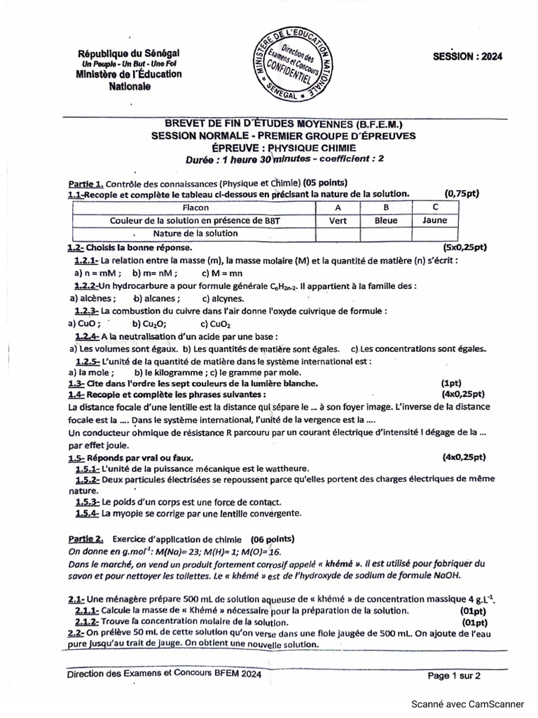 BFEM PC 2024 1er Groupe | PDF