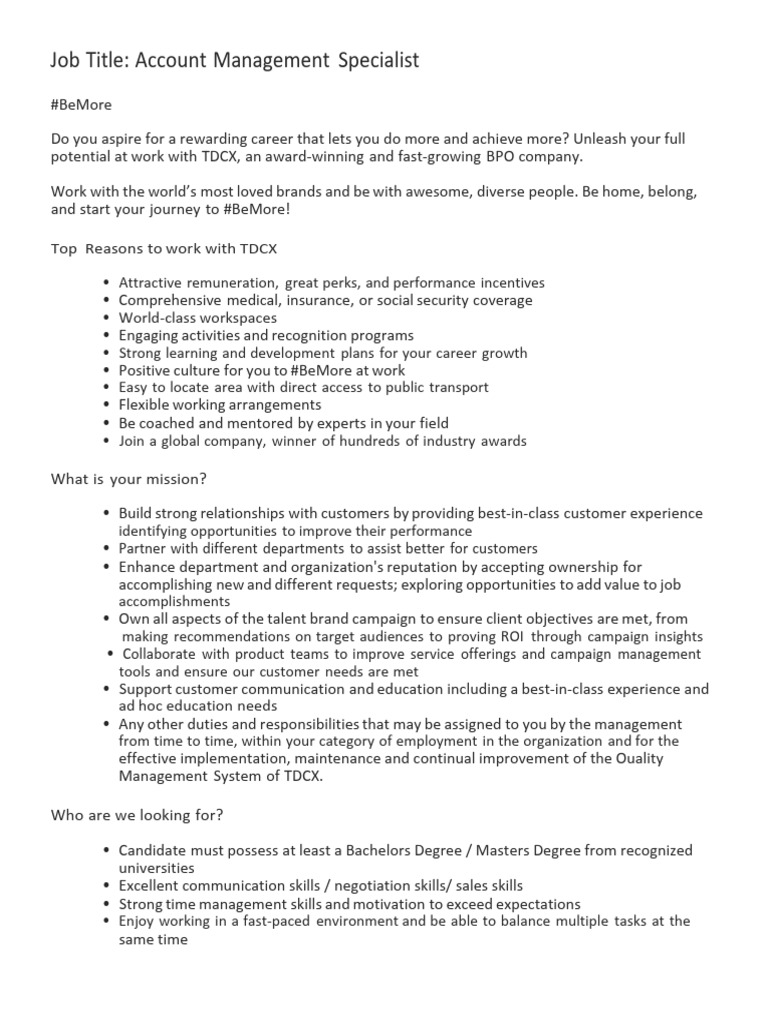 Account Management Specialist JD 2 | PDF | Brand | Outsourcing