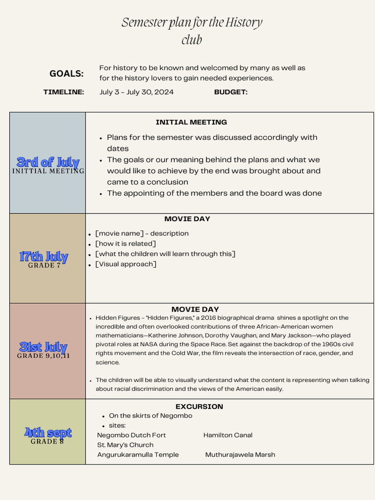 History Club Semester Plan | PDF | Hidden Figures
