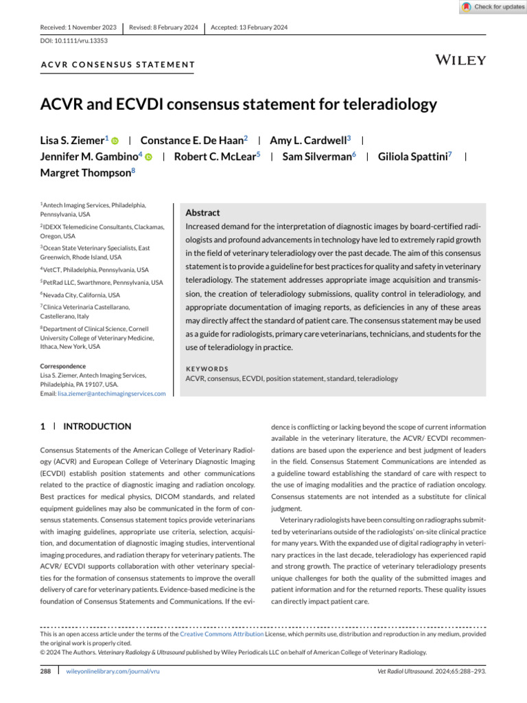 Vet Radiology Ultrasound - 2024 - Ziemer - ACVR and ECVDI Consensus ...