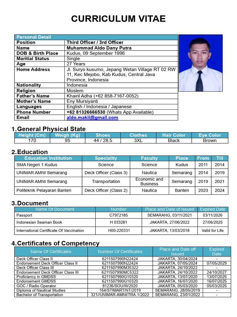 Curriculum Vitae - M ALDO DP - 2024 | PDF | Ship Types | Merchant Navy