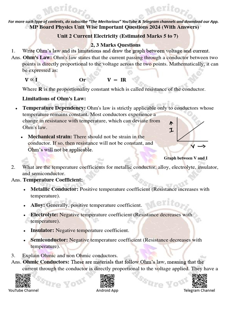 Unit 2 Current Electricity IMP QnA 2024 | PDF | Electrical Resistance And Conductance ...