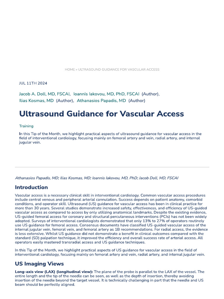Ultrasound Guidance For Vascular Access - SCAI | PDF