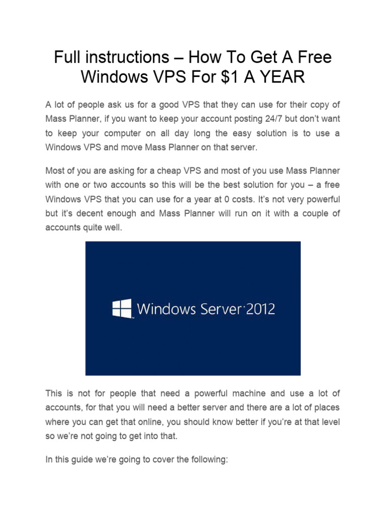 Free Windows VPS for $1 a Year Guide | PDF | Remote Desktop Services ...
