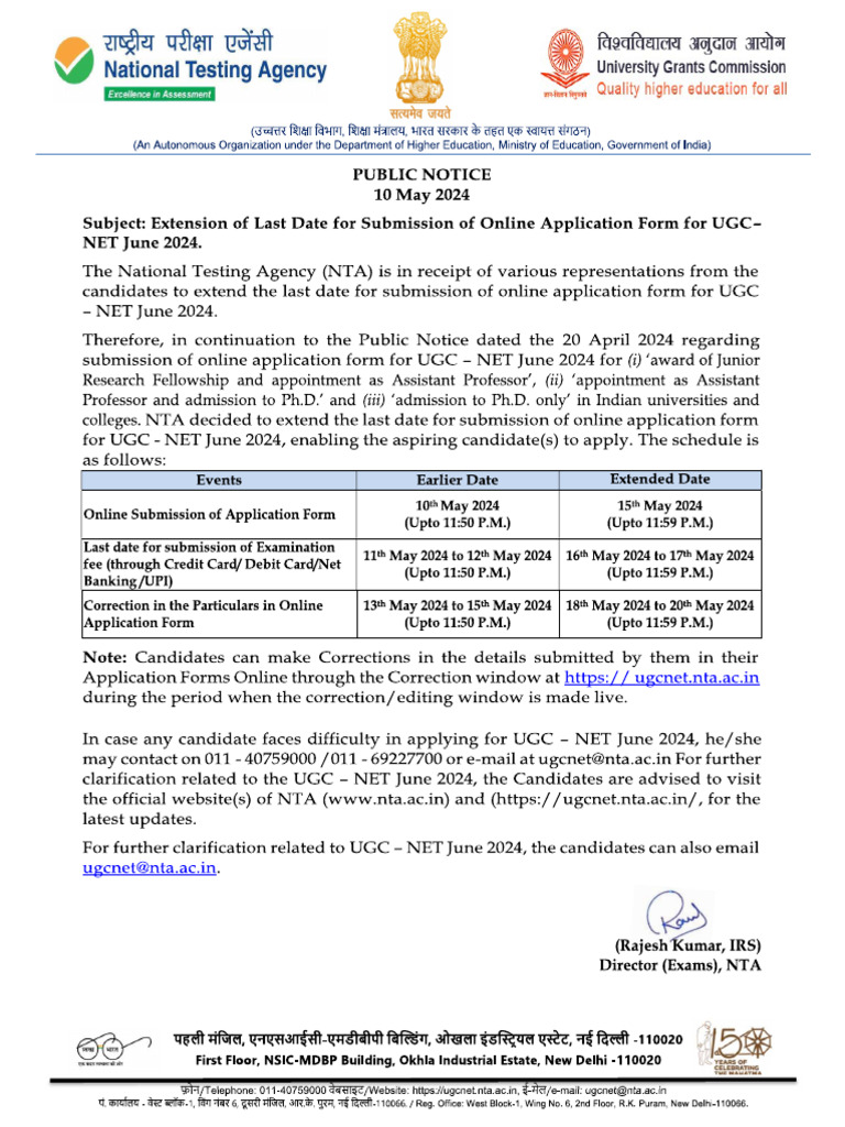 Public Notice For Extension of Online Application Ugc Net June 2024 | PDF