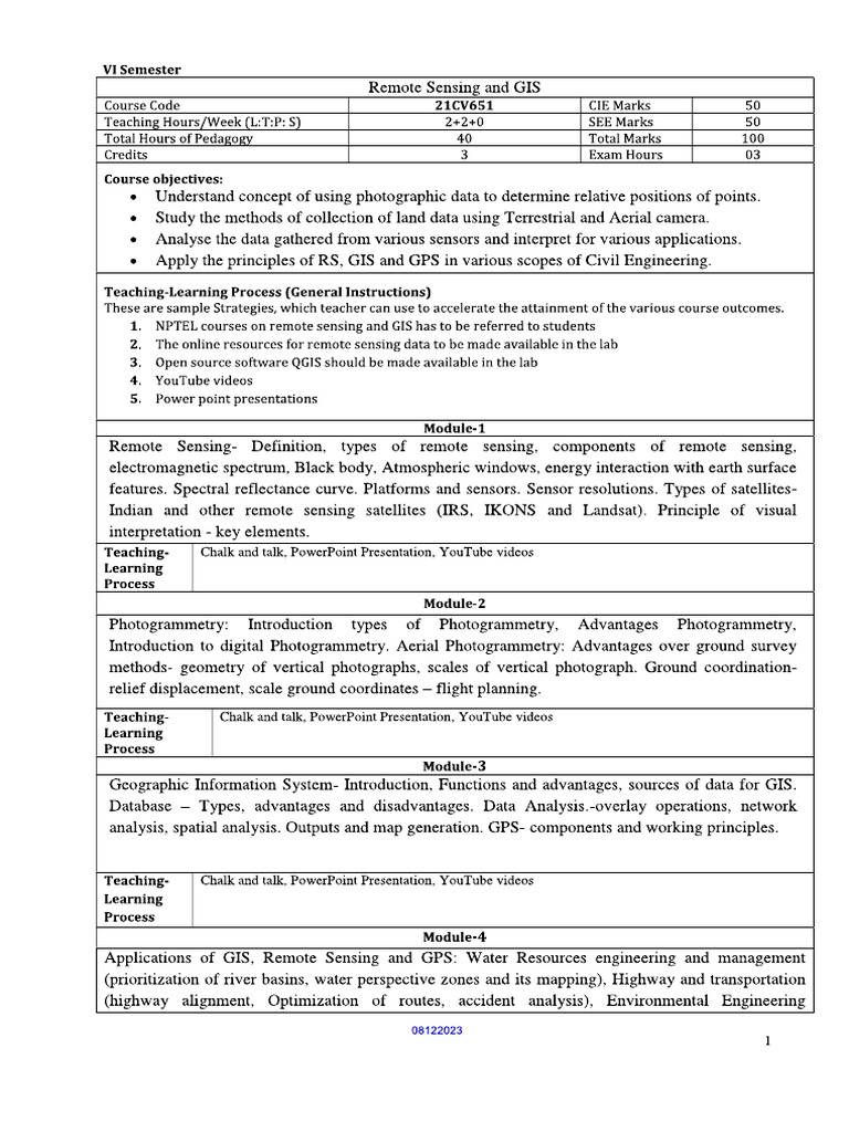 Remote Sensing & GIS Syllabus Copy | PDF