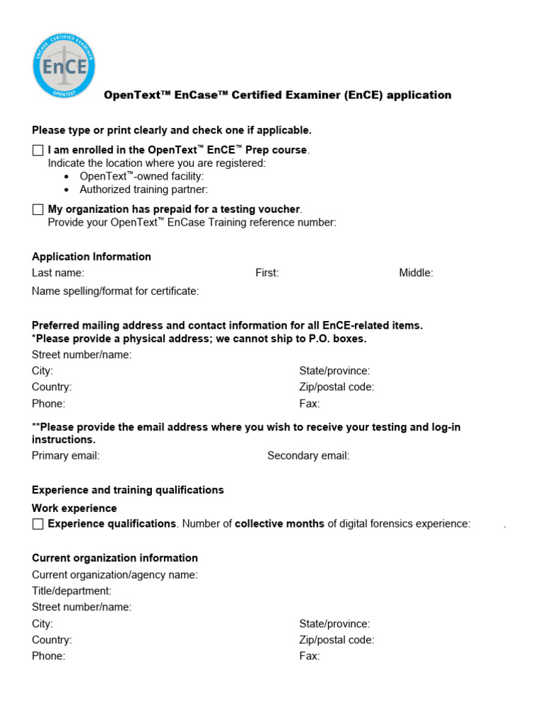 Opentext Form Encase Certified Examiner Application en | PDF | Zip Code ...