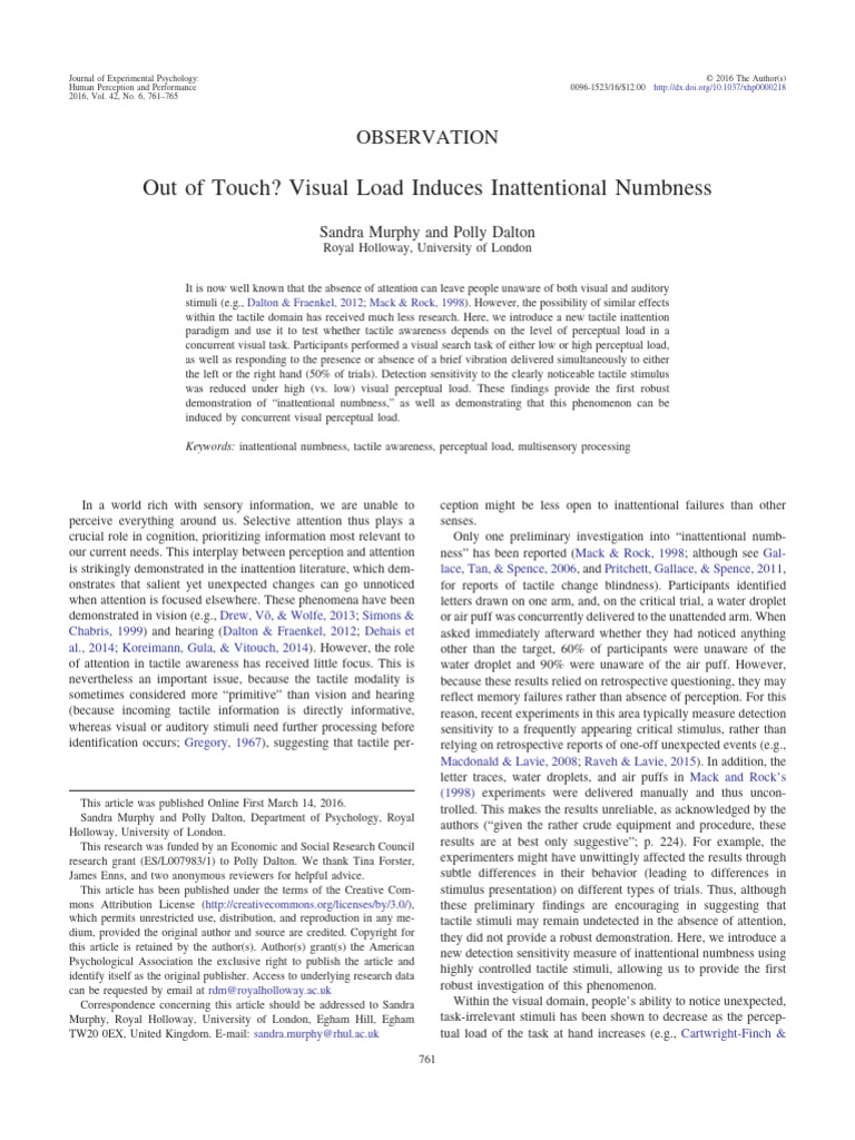 Out of Touch Visual Load Induces Inattentional Numbness | PDF ...