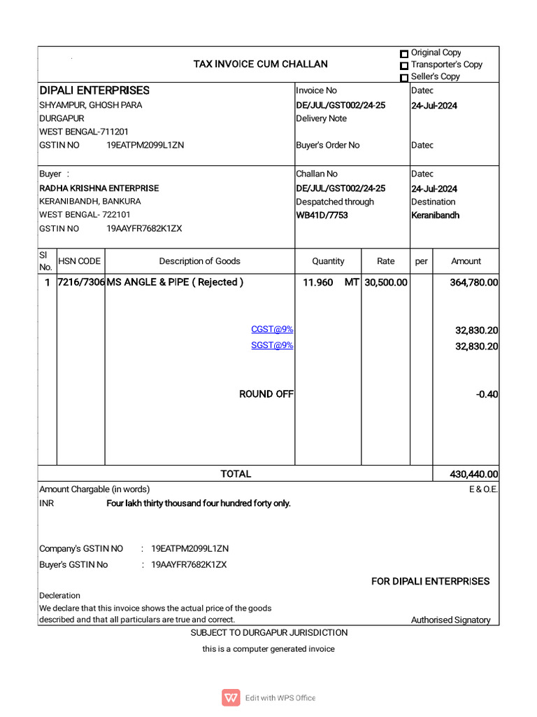 Dipali Enterprises: Tax Invoice Cum Challan | PDF | Invoice | Market ...