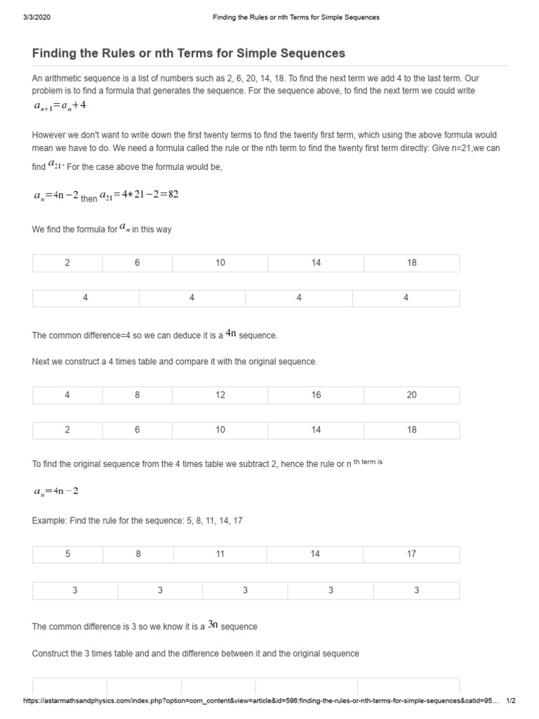 Finding The Rules or NTH Terms For Simple Sequences | PDF | Elementary ...